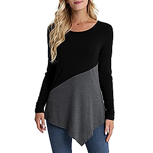 DJT Women's Long Sleeve Tunic Shirts Scoop Neck Hanky Hem Color Block Stretch Casual Fall T Shirt Tops XL Black Heather Grey