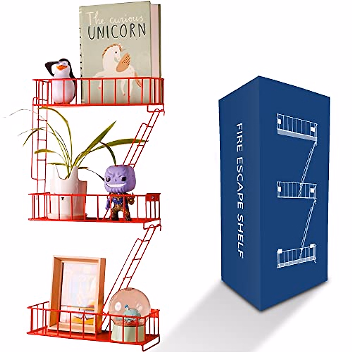 KOTIJOKI Fire Escape Wall Shelf - New York Metal Decorative Shelf with Screwdriver & Screws, Rustic Wall Shelves for Bedroom, Home Décor, Action Figure Display (3-Tier Red Floating Shelves)