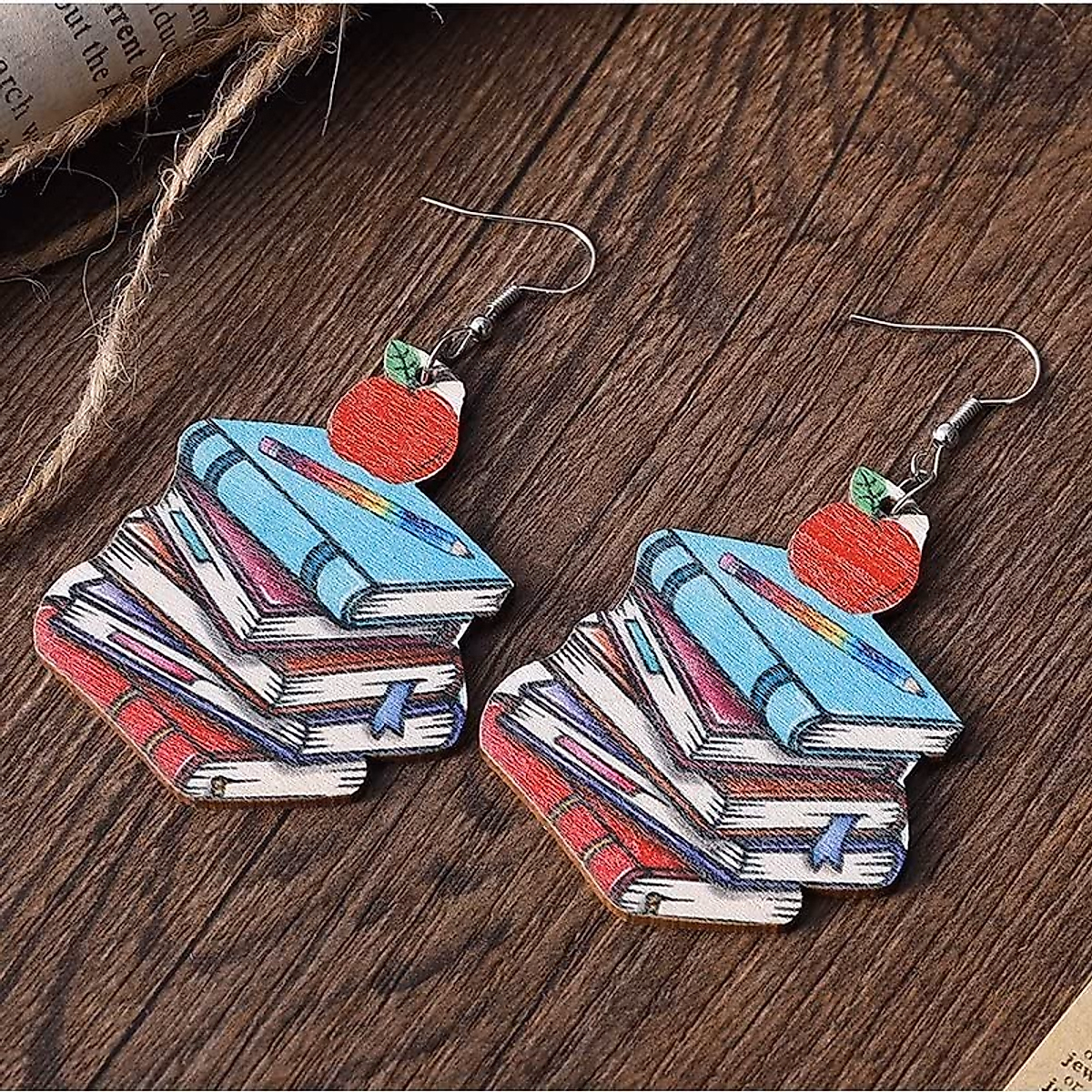 Leopard Lightning Teacher Earrings Teacher Letter Earrings Double sided Wooden Earrings Teacher Gift Book Pencil Apple Wooden Earrings Gift