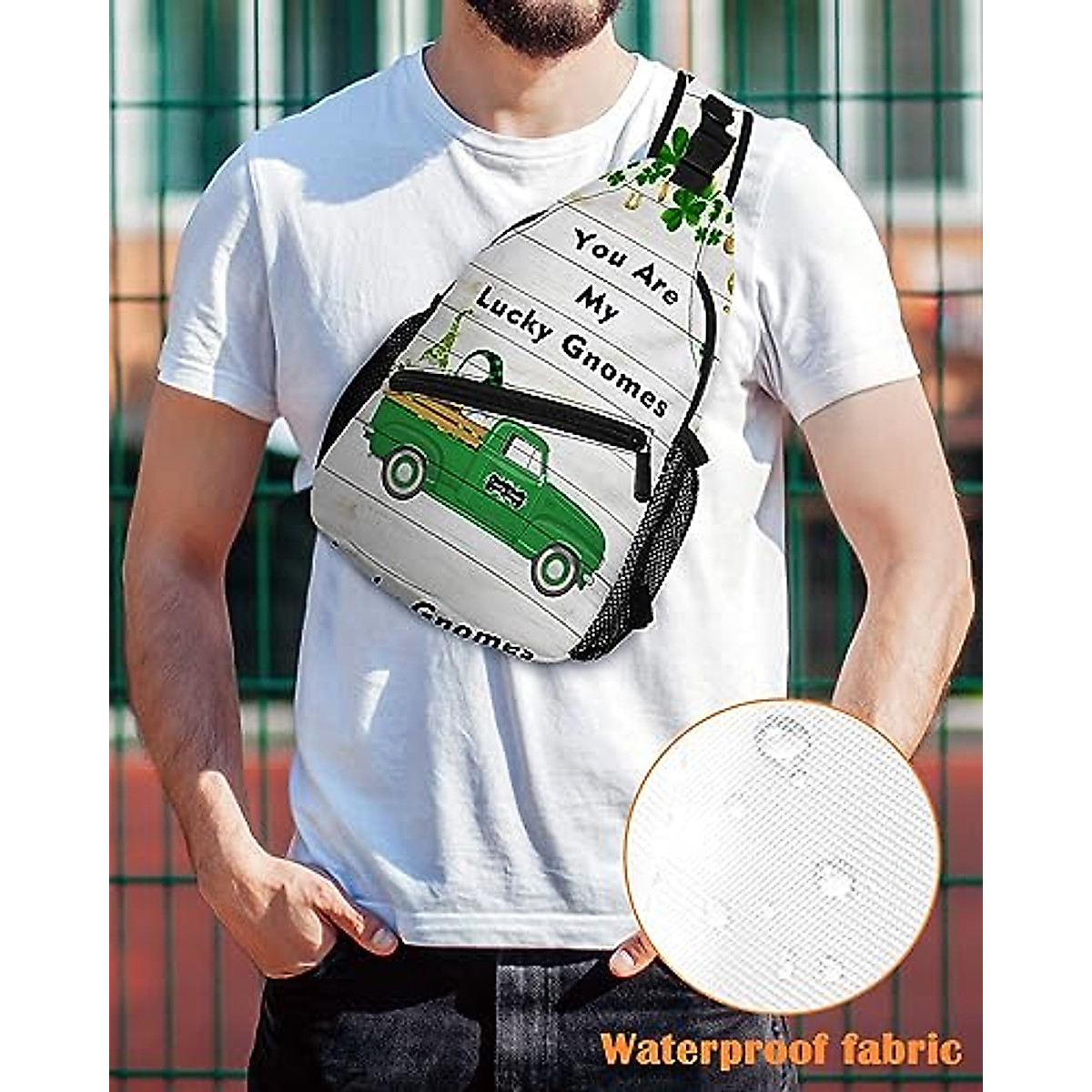 Sling Backpack, St patricks Day You are My Lucky Gnomes Truck Shamrock Wood Grain Waterproof Lightweight Small Sling Bag, Travel Chest Bag Crossbody Shoulder Bag Hiking Daypack for Women Men