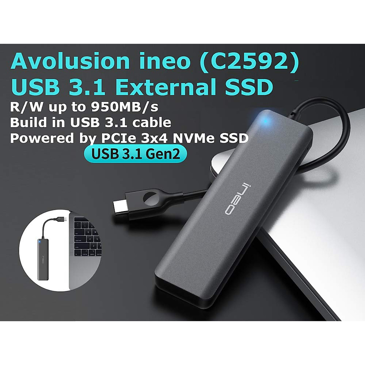 Avolusion ineo (C2592-960G+64G) Super Slim Portable 960GB (1TB) USB 3.1 External SSD + Free 64GB USB Flash Drive [Ultra Speed R/W up to 950MB/s] - 6 Year Warranty