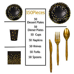 350 Pieces Gold Disposable Party Dinnerware Set &Golden Dot Disposable Party Dinnerware - Black Paper Plates Napkins Cups, Gold Plastic Forks Knives Spoons