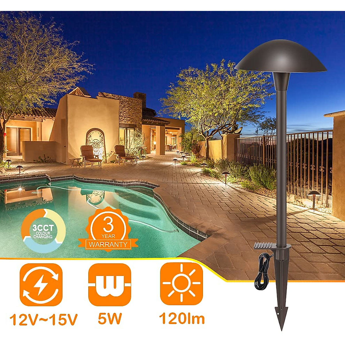 CLOUDY BAY 3000K/4000K/5000K Selectable LED Landscape Pathway Light,5W 12V~15V AC/DC Low Voltage Path Lighting,Waterproof,6 Pack