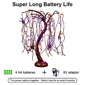 24Inch Halloween Lighted Willow Tree Bonsai Light 80 Orange and Purple LED Lights Table Top Lamp Artificial Tree Desk Decor with 4 Spiders Adapter Plug in/Battery Powered for Christmas Decoration