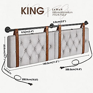 GREENSTELL Wall Mount Headboard with USB for King Size Bed, Linen Fabric Headboard Only, Industrial Pipe Modern Style, Gray Hanging Head Boards, Durable, Comfortable, Button Upholstered for Bedroom