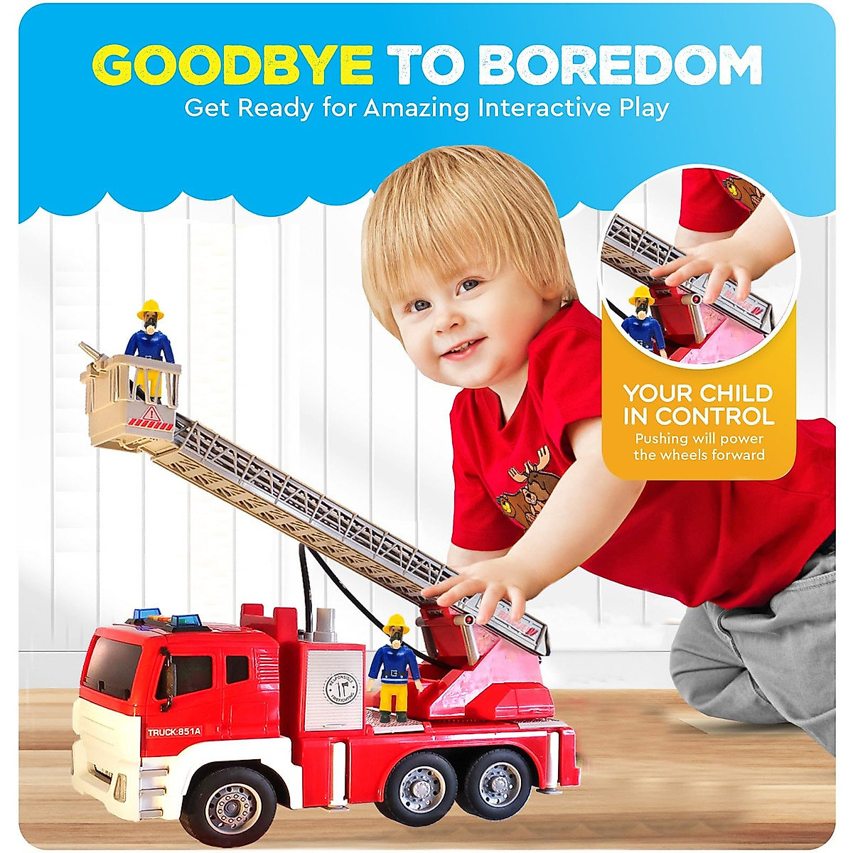 FUNERICA Fire Truck with Water Hose Pump, Flashing Lights, Siren Sounds, Extending Ladder, 5 Fireman, Firefighter Figures, Powered Firetruck Engine, Best Toy Gift for Toddlers, Kids, Boys, and Girls