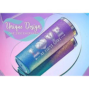 Onebttl Volleyball Gifts for Teen Girls & Team, Stainless Steel Kids Volleyball Tumbler, Double Wall Vacuum Insulated Bottle with Lid and Straw 20oz - Love at first Spike (Glitter Purple Blue)