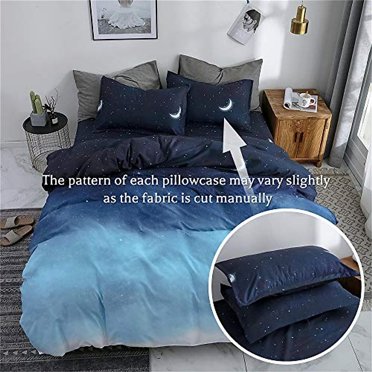 HYPREST Duvet Cover Queen Size, 3 Pcs Star Moon Galaxy Patterned Duvet Cover Set Kawaii Cute Bedding Sets Queen Soft Breathable