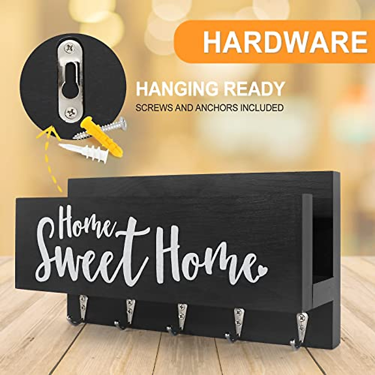 FIPUTE Mail and Key Holder for Wall, Decorative Entryway Organizer Shelf with Hooks for Dog Leash, Sunglasses, Purses, Coats – 100% Solid Wood Key Hanger 11.8” x 5.9” x 3.2”