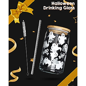 Halloween Ghosts Beer Can Glass Fall Iced Coffee Glass 16 OZ Spooky Mason Drinking Jar Glass with Lid Metal Straw And Cleaning Brush Bubble Tea Cups October Boo! Party Gifts for Him Her Soda, Tea