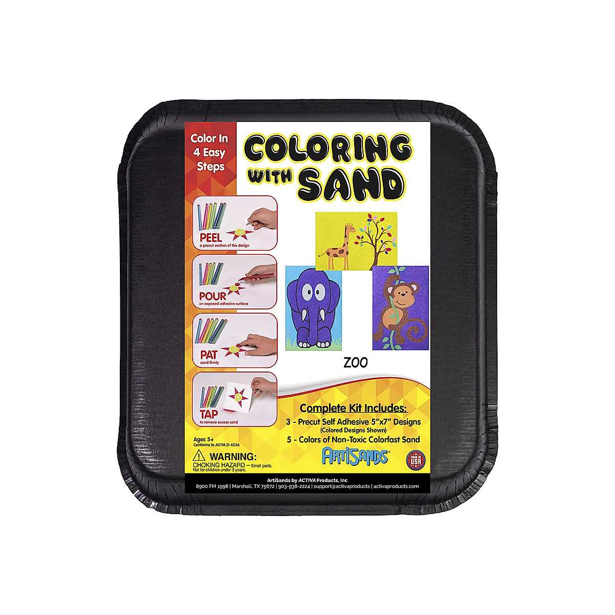 Activa ArtiSands Zoo Animals Sand Art Board Craft Kit, 3 Designs & 5 Sand Colors | No Scissors, No Glue, No Mess!