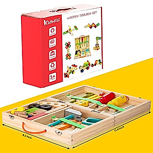KIDWILL Tool Kit for Kids, 37 pcs Wooden Toddler Tools Set Includes Tool Box & Stickers, Montessori Educational Stem Construction Toys for 2 3 4 5 6 Year Old Boys Girls, Best Birthday Gift for Kids