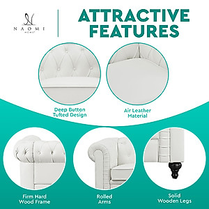 Naomi Home Emery Chesterfield Sofa with Rolled Arms, Tufted Cushions / 3 Seater Sectional Sofa Couch for Small Spaces, Living Room, Bedroom, Apartment Easy Tool-Free Assembly – Off White
