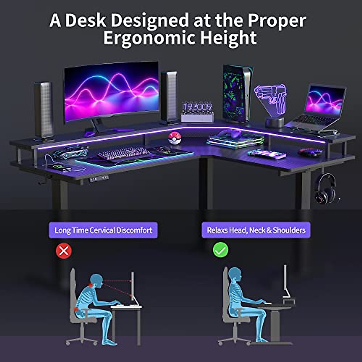 FEZIBO 63" Triple Motor L Shaped Standing Desk with LED Strip & Power Outlets, Height Adjustable Stand up Corner Gaming Desk with Ergonomic Monitor Stand, Black Carbon Fiber Top/Black Frame