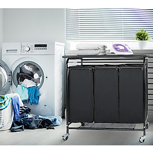 HollyHOME Rectangular Laundry Sorter with Folding Ironing Board, 3-Section Laundry Basket Sorter with Lockable Wheels for Laundry Bedroom Bathroom Living Room Black