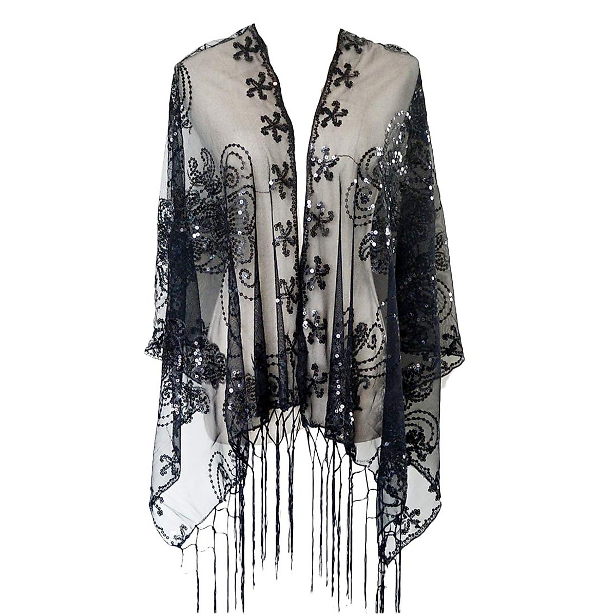 L'VOW Women's Glittering 1920s Scarf Mesh Sequin Wedding Cape Fringed Evening Shawl Wraps(Black)
