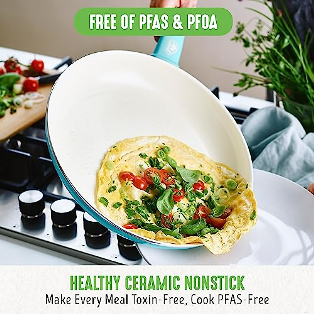 GreenLife Soft Grip Healthy Ceramic Nonstick 16 Piece Kitchen Cookware Pots and Frying Sauce Pans Set, PFAS-Free, Dishwasher Safe, Caribbean Blue