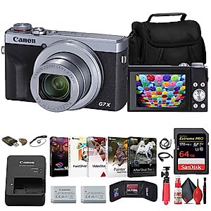 Canon PowerShot G7 X Mark III Digital Camera (Silver) (3638C001) + 64GB Memory Card + NB13L Battery + Charger + Card Reader + Corel Photo Software + HDMI Cable + Case + Flex Tripod + More (Renewed)