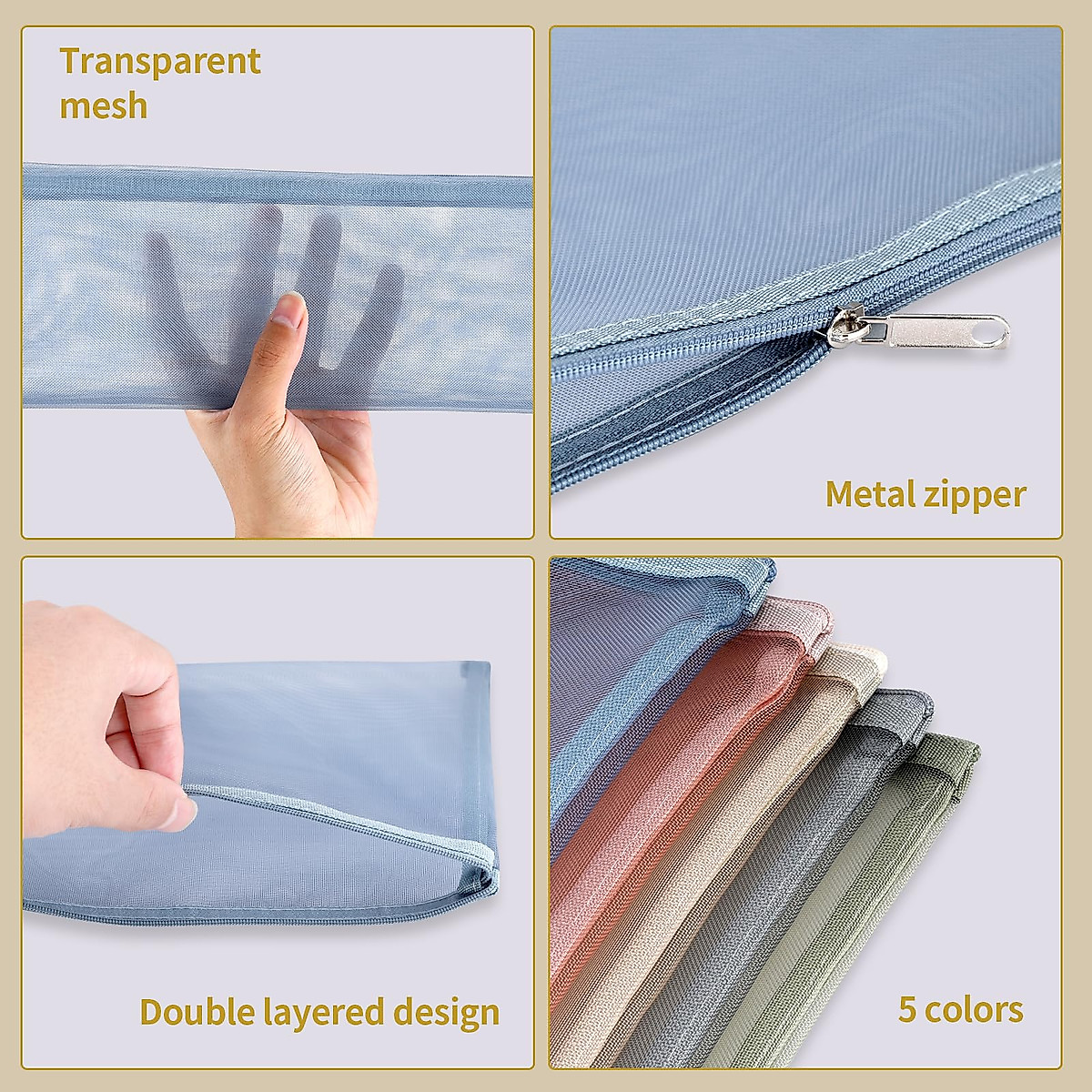 Luweetop 10 Pack Colored Double-Layer Mesh Zipper Pouch Bags(5Pcs A4+5Pcs A5), Nylon Building Block Sets Toy Storage & Organization, Breathable See Through Pouch with Handle for School Office Games