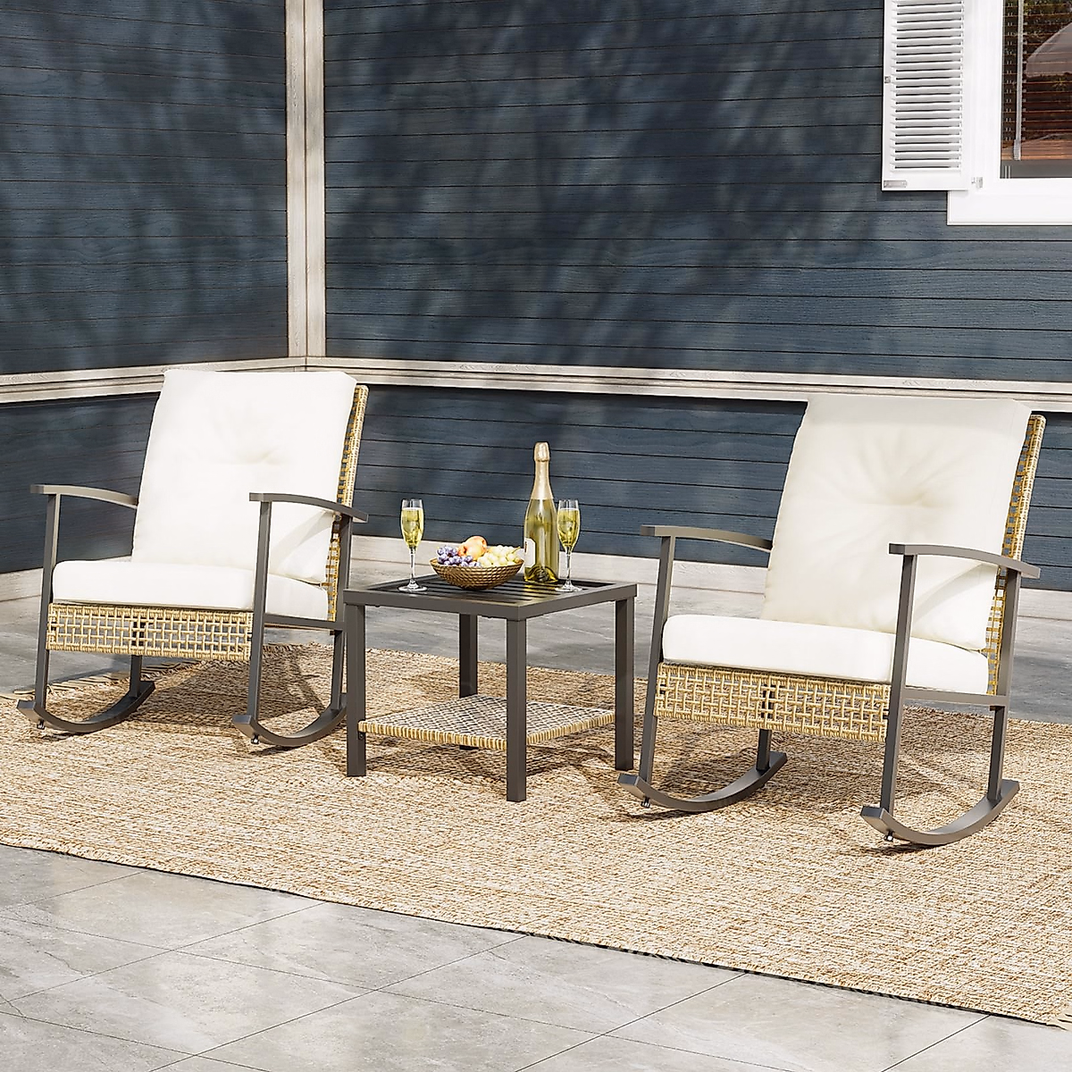 SDMY 3 Pieces Patio Rocking Bistro Set, Patio Rocking Chairs Set of 2, Rattan Patio Chairs and 2-Tier Coffee Table, Outdoor Conversation Sets for Balcony, Porch, Bistro,Lawn, Garden, Backyard, Beige