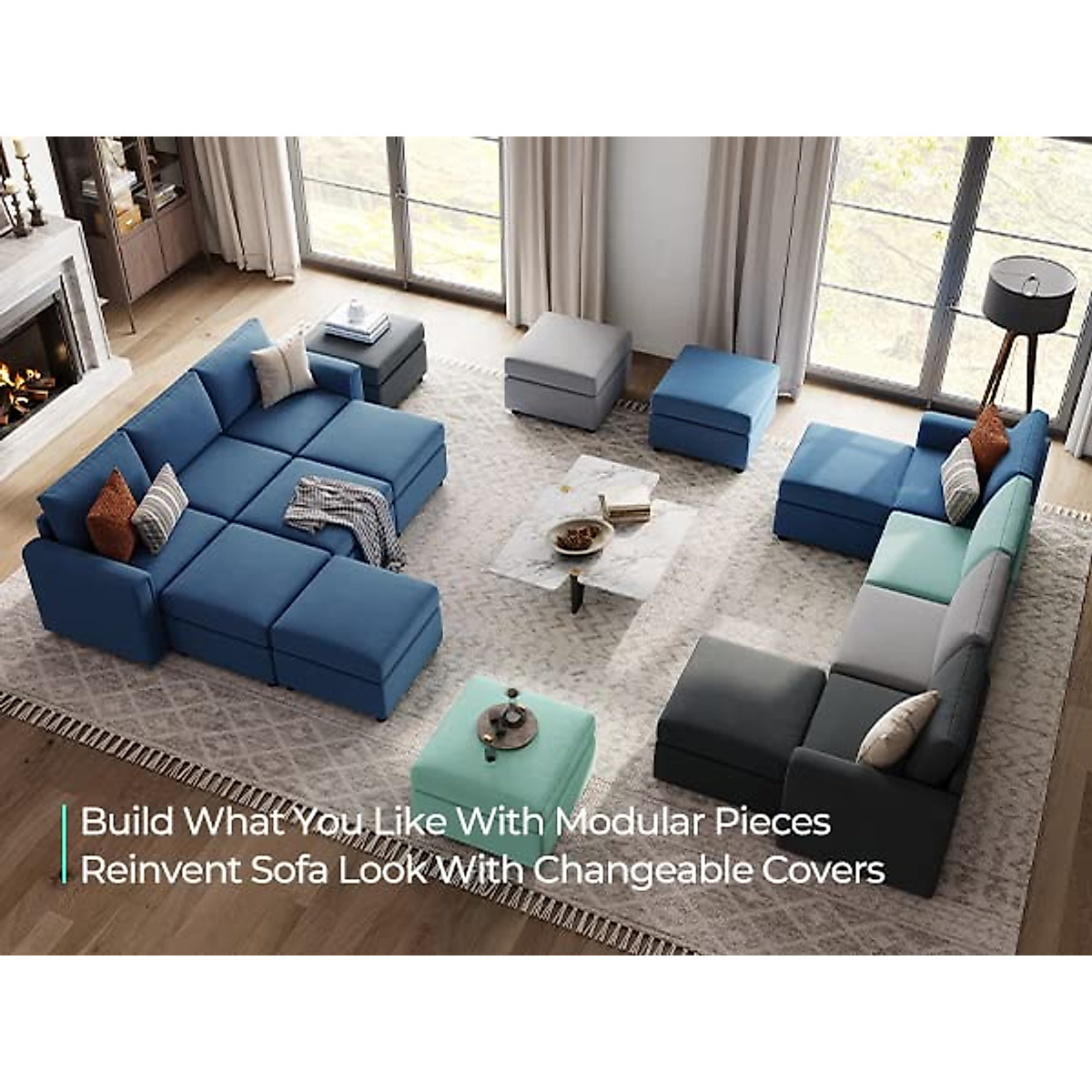 LINSY HOME Modular Sectional Sleeper Sofa, Sectional Couch with Ottoman Memory Foam, Storage Under Each Seat, Sofa Covers Washable Changeable, for Living Room, Blue