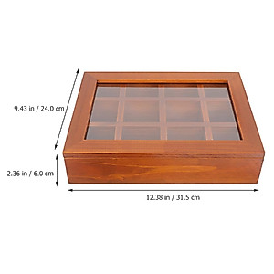 Cabilock Wooden Tea Box Organizer 12 Grid Wood Tea Chest with Clear Glass Lid Vintage Jewelry Keepsakes Box Trinkets Case Ring Necklace Bracelet Holder for Watch Display Showcase
