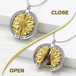 You are My Sunshine Necklace Sunflower Jewelry for Women - 925 Sterling Silver Locket with Engraved Hidden Message Pendant Mother's Day Gifts for Couples Mother Daughter (Gold Photo Locket)