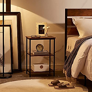 VECELO End Side Table with Storage Shelf, Industrial Night Stand, 3-Tier Small Nightstand for Living Room, Bedroom, 1 Pack, Brown