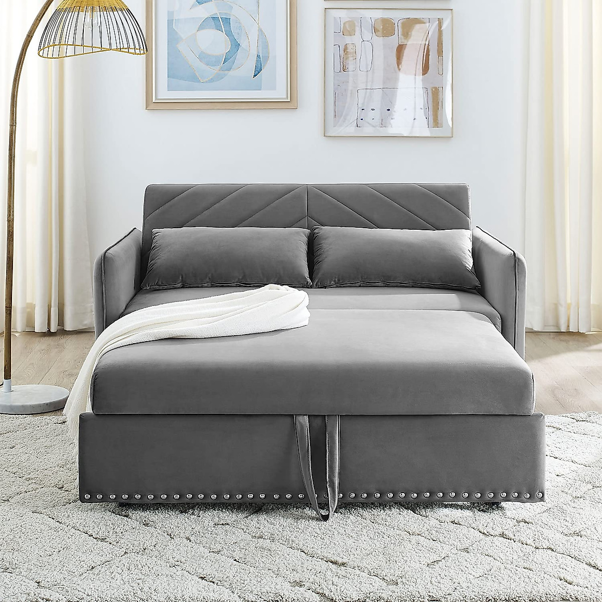 Sleeper Sofa Couch Bed w/2 USB Ports, 55" 3 in 1 Velvet Convertible Loveseat Sleeper Small Love seat Futon Sofa with Pullout Bed, Adjustable Backrest, 2 Pillows for Living Room Bedroom, Grey New