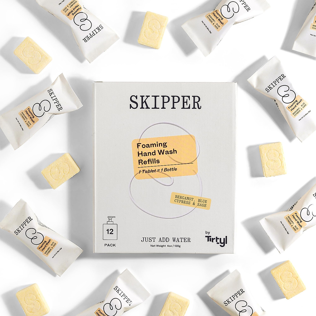 Tirtyl Skipper Foaming Hand Soap Tablet Refills - 12 Pack - 96 fl oz total (12x 8 fl oz) - Rebranded - Compostable Packaging - Bergamot, Blue Cypress & Sage
