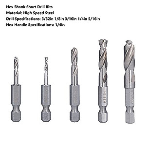 5pcs Stubby Drill Bit Set, Drill Bit Set with 1/4 Quick Change Hex Shank for Machining Drilling, M2 High Speed Steel, for Quick Change Chucks and Drives