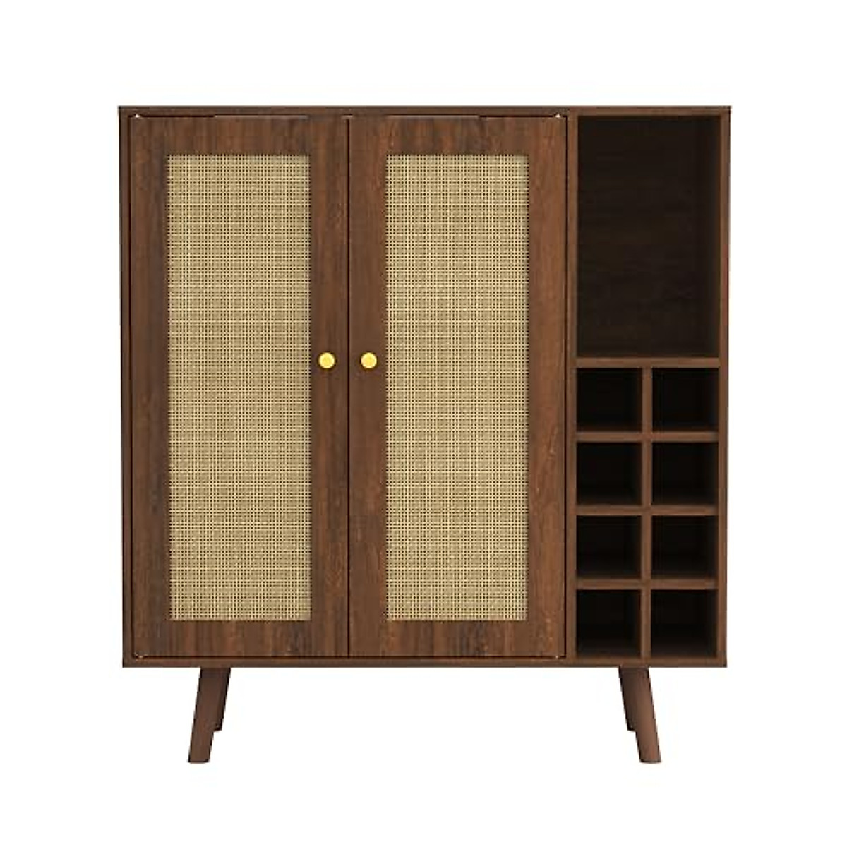 Atlantic Loft & Luv Remy Boho Mid-Century Bar Cabinet with Natural Rattan Panels with Storage, Walnut Finish