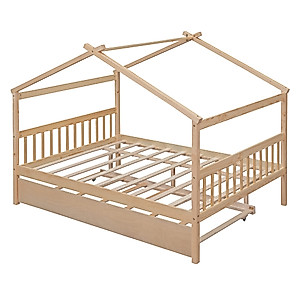 Quarte Full Size Wooden House Bed with Twin Size Trundle,Wooden Daybed Tent Bed for Kids Boys Girls Bedroom,Can be Decorated (Natural/House6)