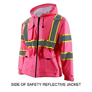 ZUJA High Visibility Bomber Safety Jacket ANSI Class 3 Reflective Jacket Pocket and Zipper Reflective Hoodie Windproof Hi Vis Rain Jacket for Men & Women (Pink, M)