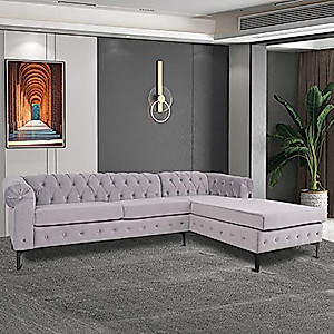 NOSGA Large Sofa,Velvet Sectional Sofa with Chaise Lounge, Modern Seater Couch Furniture, seat Sofa Classic Tufted Chesterfield Settee Sofa Tufted Back for Living Room (Grey)