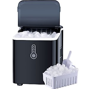 Vestynska 26lbs Ice Maker Countertop, Portable Machine, Self-Cleaning, 9 Cubes Ready in 8 Mins, Mini 1.5L Capacity, Compact Electric Maker, Scoop & Basket, Bullet-Shape, for Camping/RV/Party Black