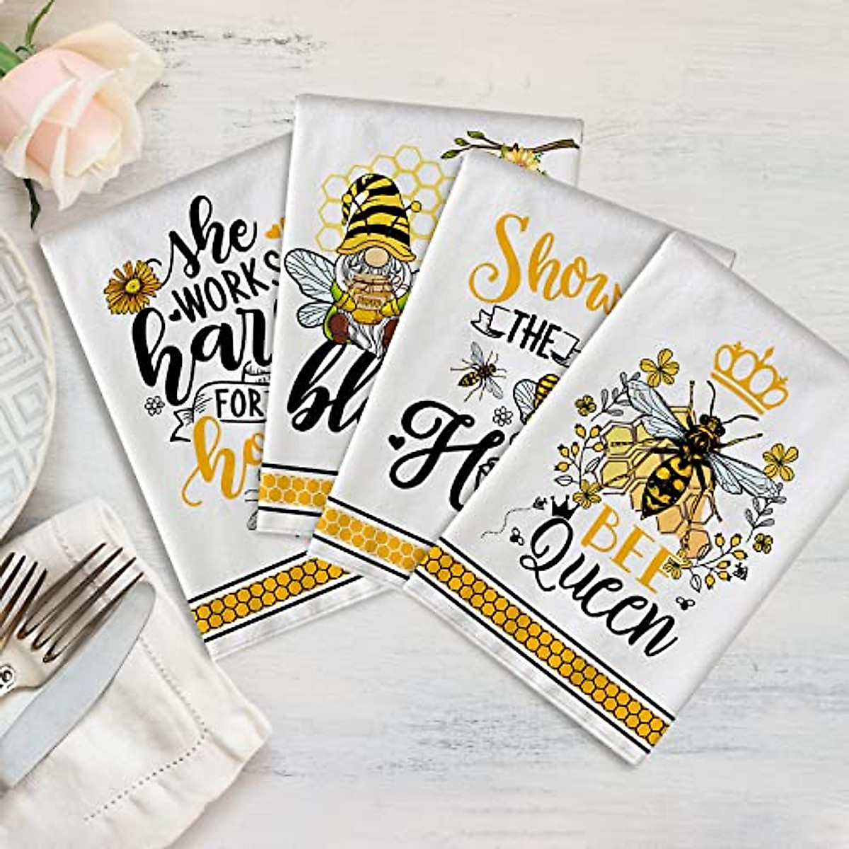 Hexagram Bee Kitchen Towels Set of 4, Bee Hand Towels for Kitchen Housewarming Farmhouse Kitchen Gifts, Bee Gifts for Women…