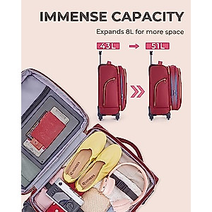 BAGSMART Carry On Luggage 20 Inch, Expandable Suitcase, Luggage with Duffel Luggage Airline Approved Rolling Softside Lightweight Suitcases for Women Men, Carry-On Red