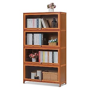 Magshion Bamboo 4-Tier Display Case Bookcase with Clear Acrylic Flip-Up Doors, Wide Brown Kitchen Cabinet Storage Pantry Cabinet Showcase Storage Cabinet Organizer - 31" L x 12.5" W x 54.5" H