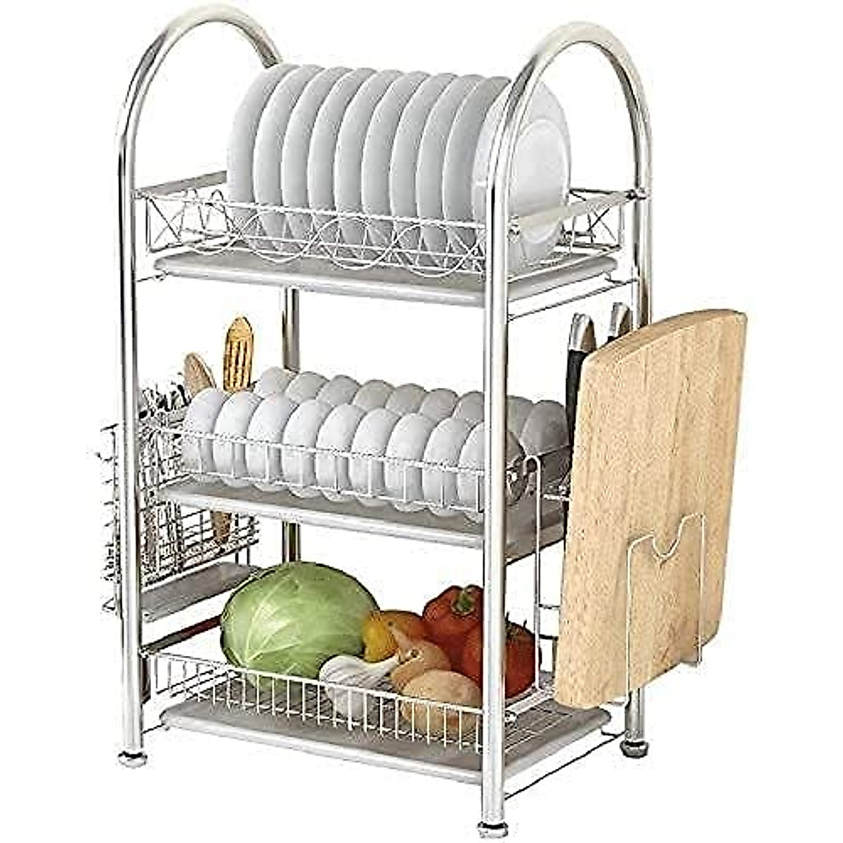 Plate Rack Dish Drainer Rack Drainer Holder Organization Shelf Kitchen Stainless Steel Utensil Chopping Board Holder with Drain Pan Plate Holder (Color : Silver, Size : 3-Tier)
