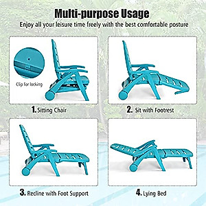 Giantex Patio Chaise Lounge Recliner on Wheels, Folding Deck Chair with Armrests, 5 Adjustable Positions for Poolside, Yard, Garden Rolling Outdoor Lounger Sunbathing Beach Chair(2, Turquoise)