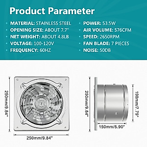HG Power 8 Inch Kitchen Exhaust Fan, 576CFM Stainless Steel Bathroom Exhaust Fan, Wall Mounted Garage Ventilation Fan, Basement Extractor Fan with Backdraft Damper for Home Office Commercial Use