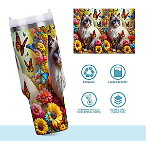 ODAWA Butterfly Cat Insulated Tumbler 30 Oz Coffee Travel Mug with Handle and Straw Lid