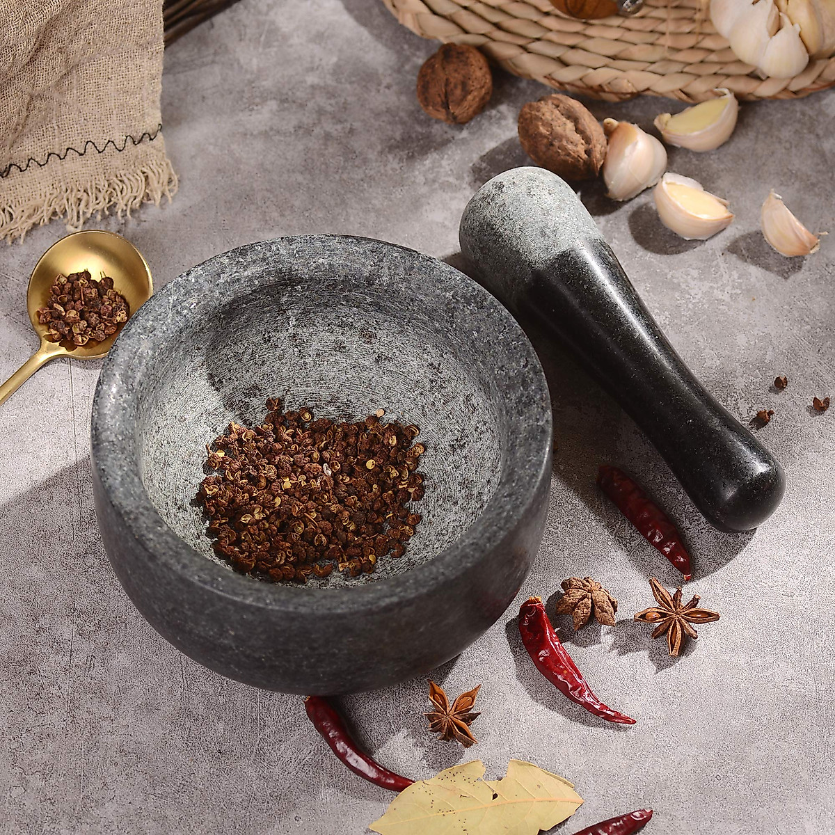 Velaze Large Mortar and Pestle Set, 100% Granite, Natural Unpolished, Herb Crusher, Spice Grinder, Stone Grinder Bowl for Making Guacamole and Pesto, 6.3 Inch Pestle Size