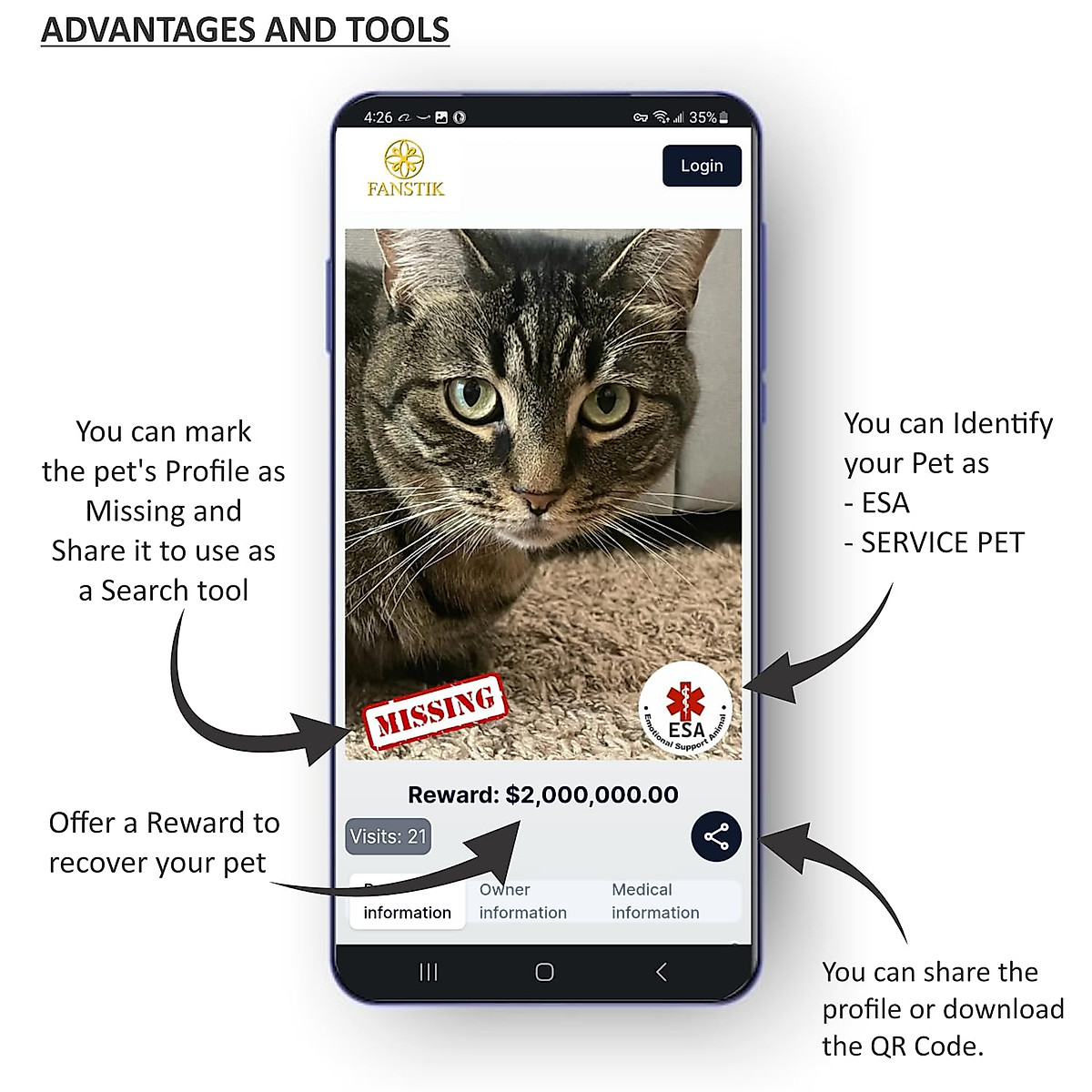 Engraved Personalized QR Code Pet ID ESA Tag(Made In USA) Service Dog tag, Custom Emotional Support Animal Tag Red Medical Symbol, Personalize Tag & Web, Scan QR Receive Location Alert FANSTIK(QR ESA)