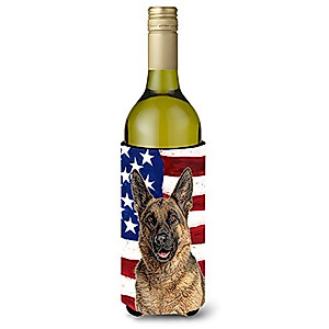 Caroline's Treasures KJ1159LITERK USA American Flag with German Shepherd Wine Bottle Hugger Bottle Cooler Sleeve Hugger Machine Washable Collapsible Insulator Beverage Insulated Holder