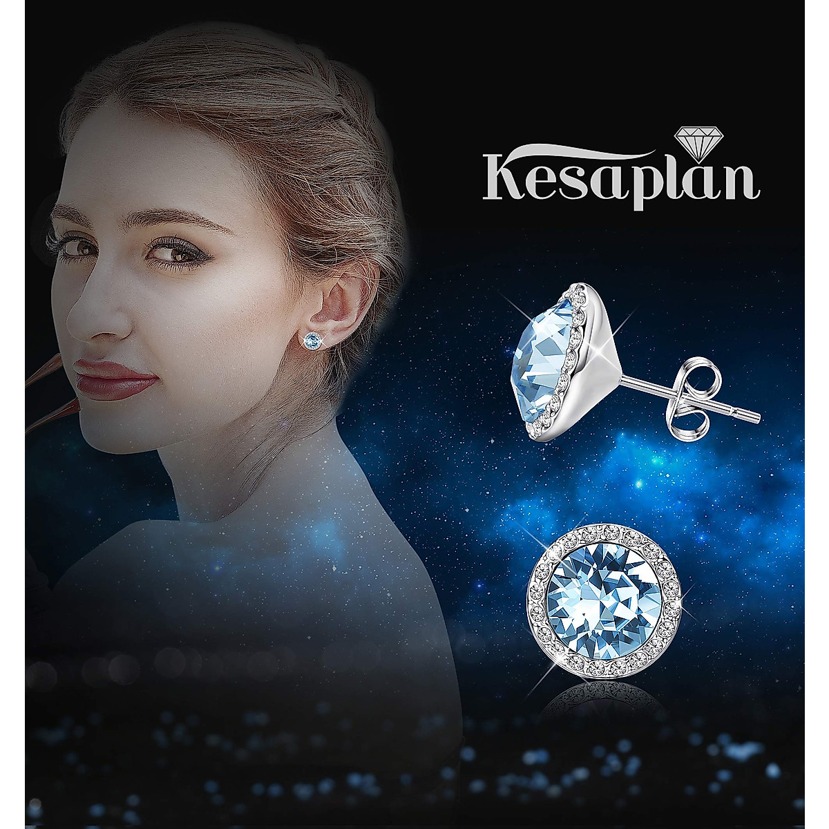 KesaPlan Sterling Silver Crystals Stud Earrings for Women, Made of Austria Crystals, Round-Cut Rhinestone Halo Bridal Earring Hypoallergenic Blue