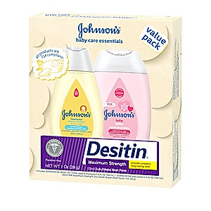 Johnson's Baby Care Essentials Gift Set, Baby Skincare Set with Body Wash & Shampoo, Body Lotion, & Zinc Oxide Diaper Rash Paste for Baby's Delicate Skin, Value Pack, Travel-Size, 3 items