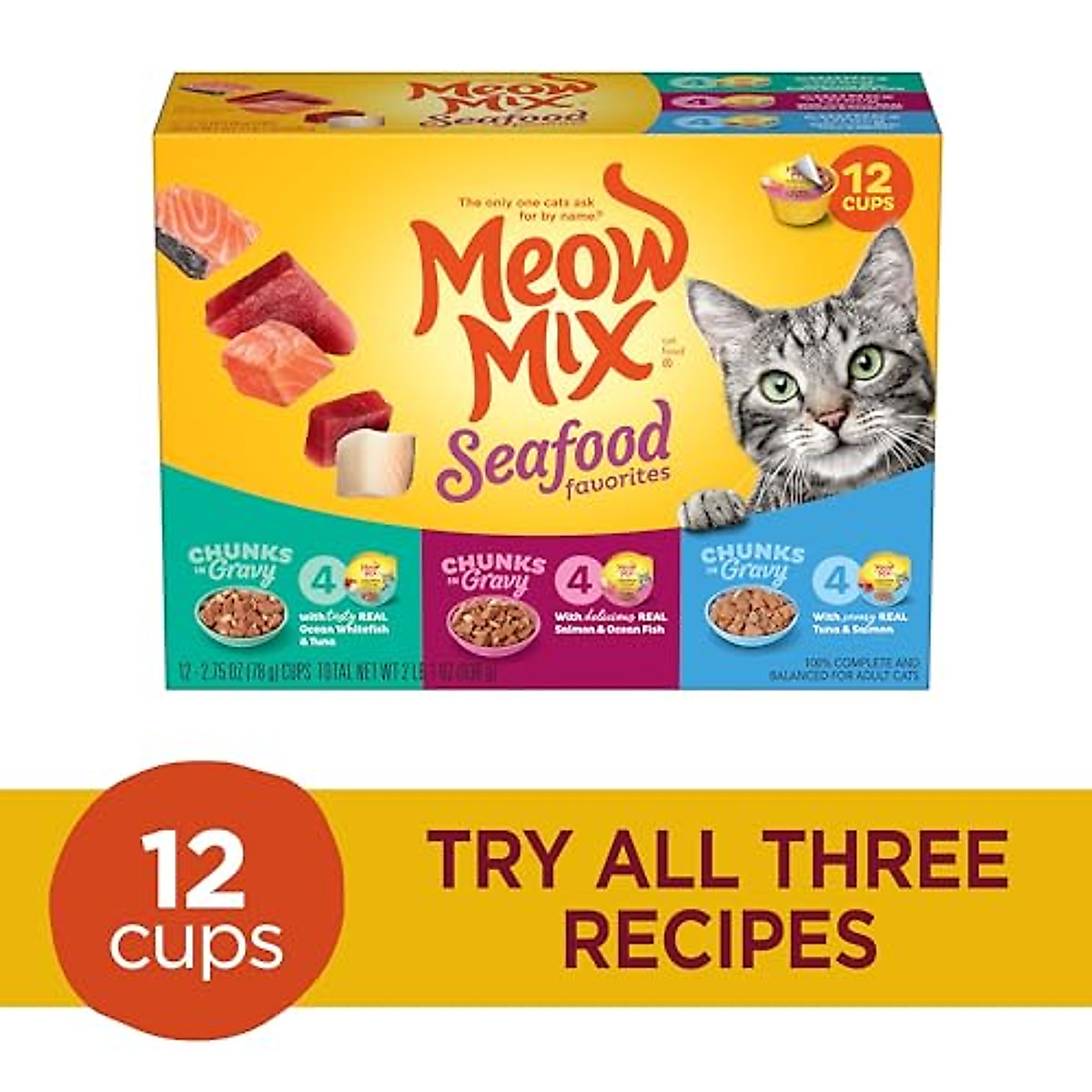 Meow Mix Seafood Favorites Chunks in Gravy Wet Cat Food Variety Pack, 2.75 Ounce (Pack of 12)
