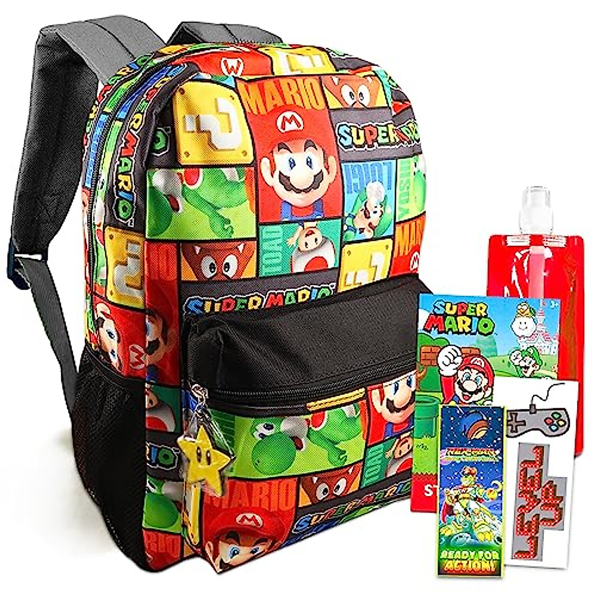 Super Mario Backpack for Boys - Mario School Supplies Bundle with 16" Backpack Plus Stickers, Water Bottle, and More (Super Mario Backpack)